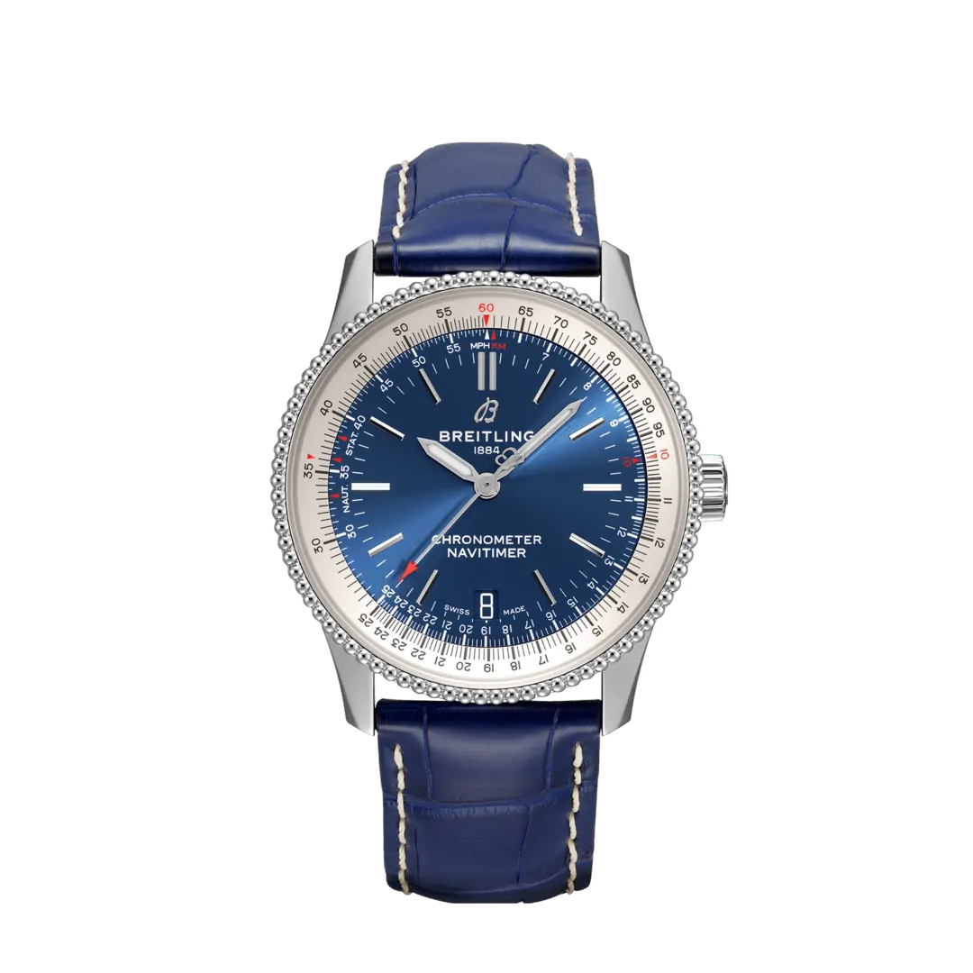 Breitling Navitimer 38MM in Stainless Steel with Blue Dial on a Blue A ...